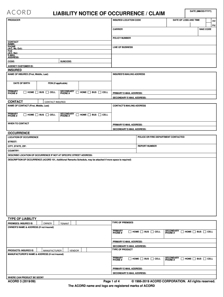 Fillable Online Fillable Online general liability notice of occurrence ...