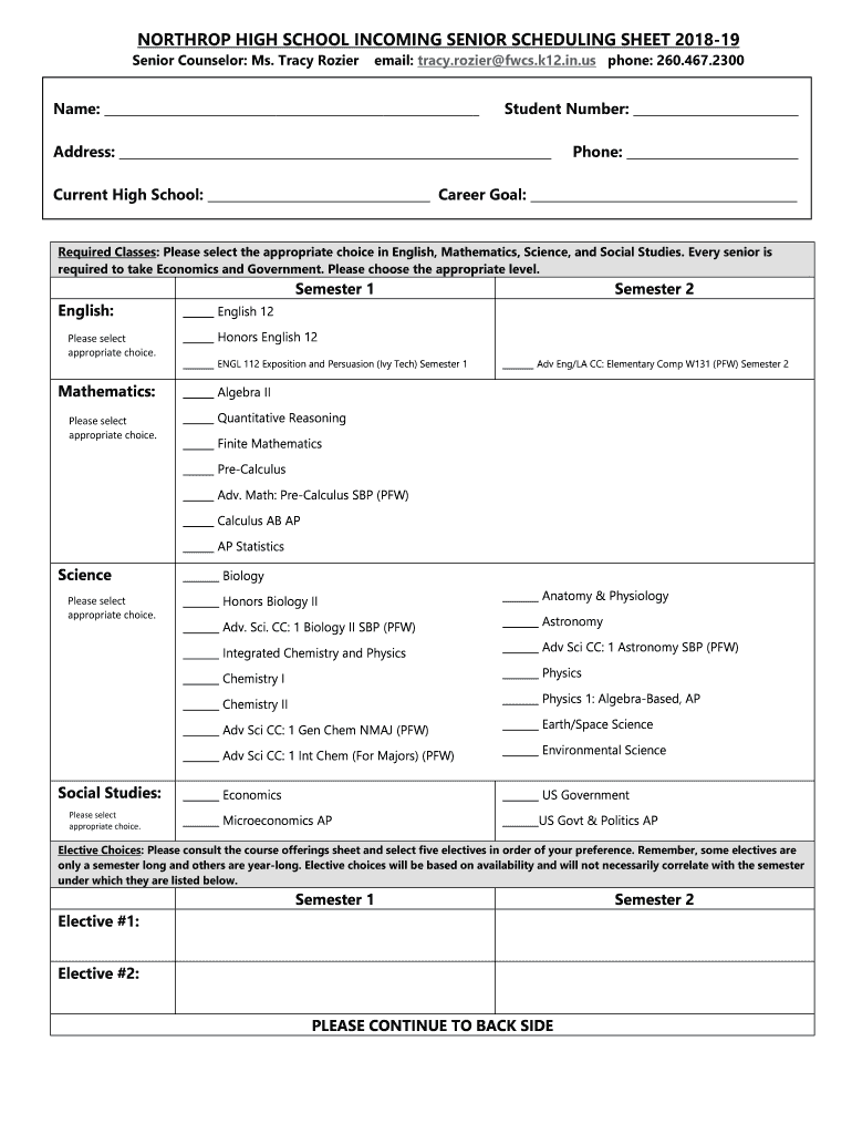 Fillable Online Northrop High School - Fort Wayne Community Schools Fax ...