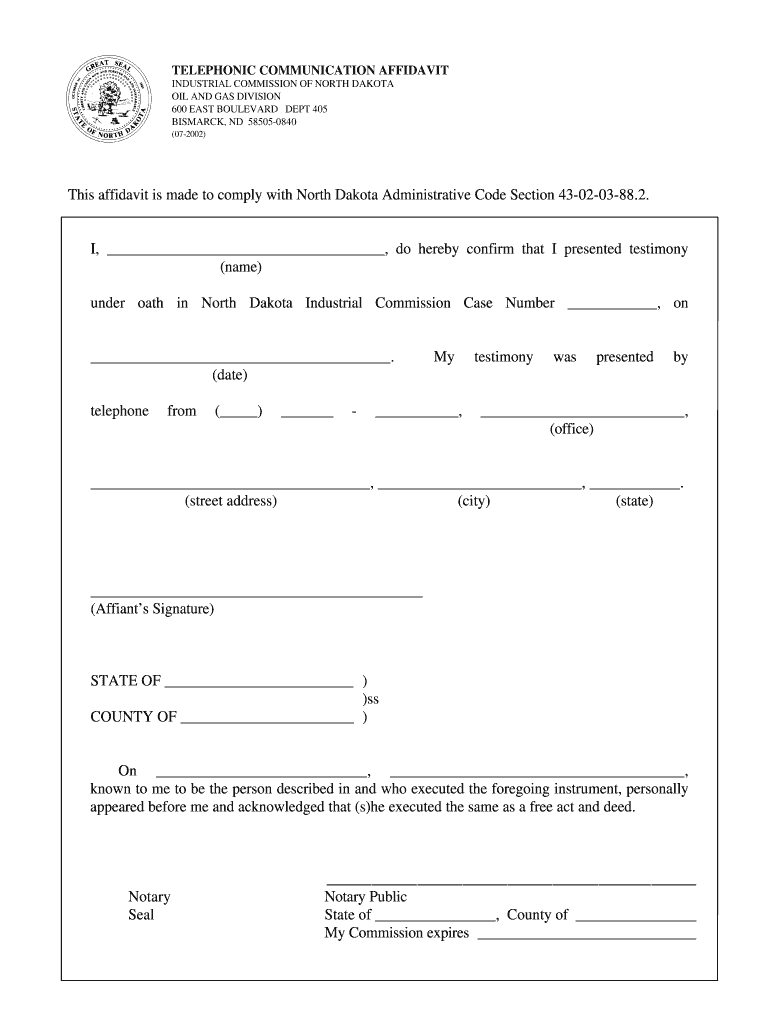 Fillable Online This affidavit is made to comply with North Dakota ...