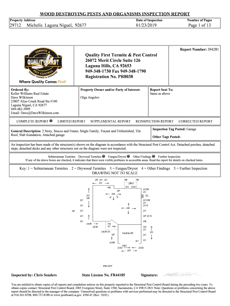 Fillable Online WOOD DESTROYING PESTS AND ORGANISMS INSPECTION REPORT ...