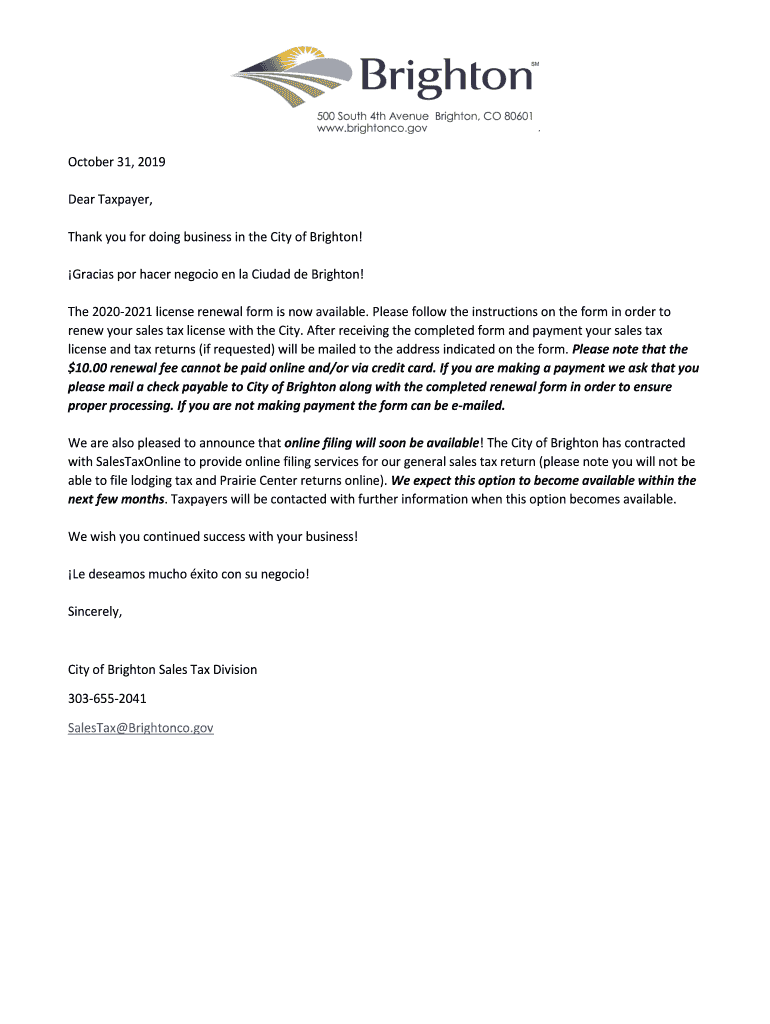 Fillable Online Gracias por hacer negocio en la Ciuda - City of Brighton Fax Email Print - pdfFiller