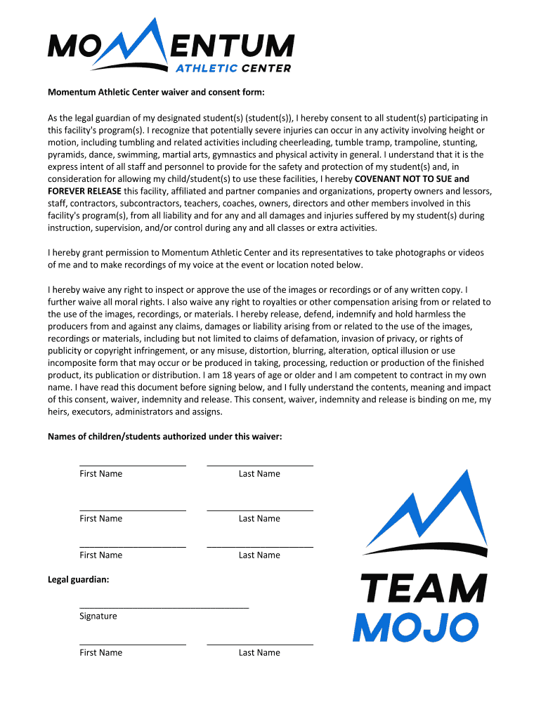 Fillable Online Momentum Athletic Center waiver and consent form ...