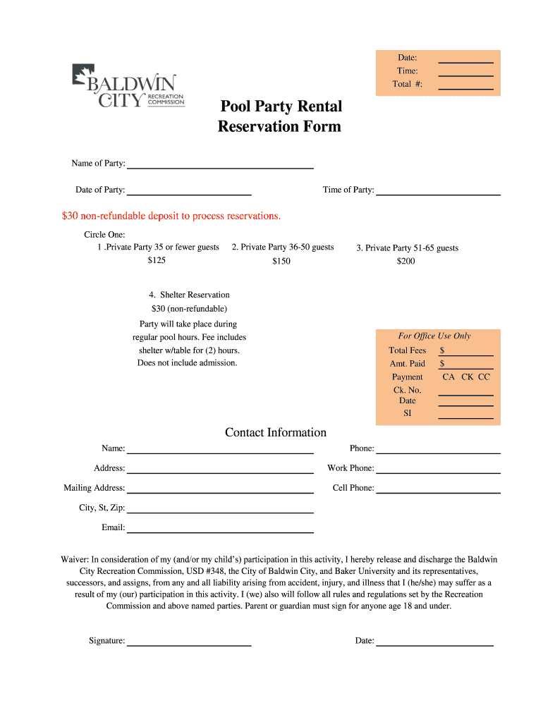 Fillable Online Pool Party Rental Reservation Form Fax Email Print ...