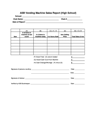 Fillable Online ASB Vending Machine Sales Report (High School) Fax ...
