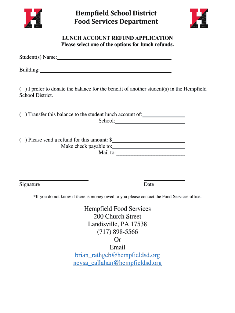 Fillable Online Lunch Refund Form. Hempfield School District Lunch ...