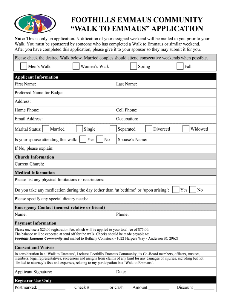 Fillable Online foothills emmaus community walk to emmaus application ...