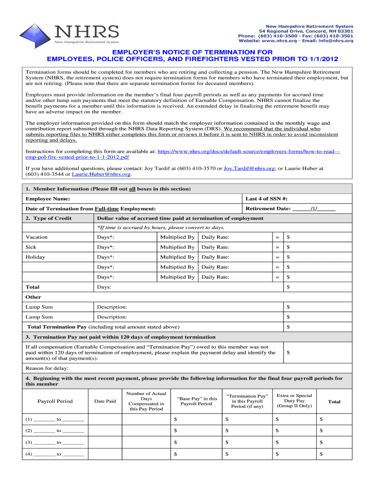 Fillable Online NHRS Employer FormsNew Hampshire Retirement System Fax ...