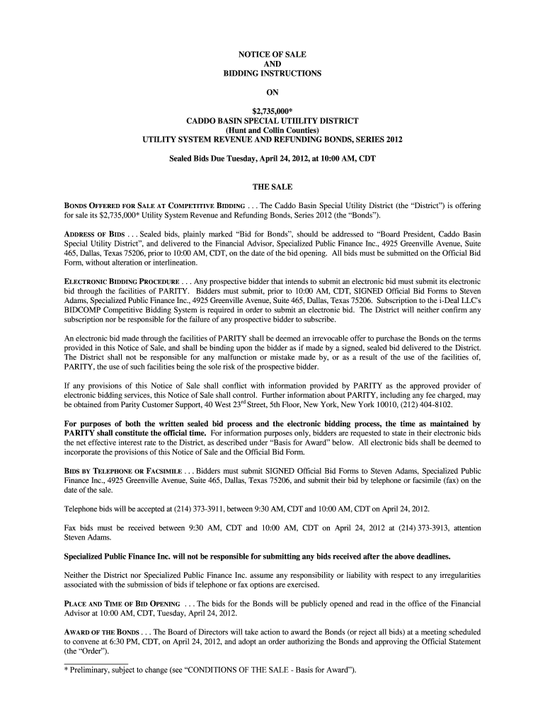 Fillable Online NOTICE OF SALE AND BIDDING INSTRUCTIONS ON ... Fax ...