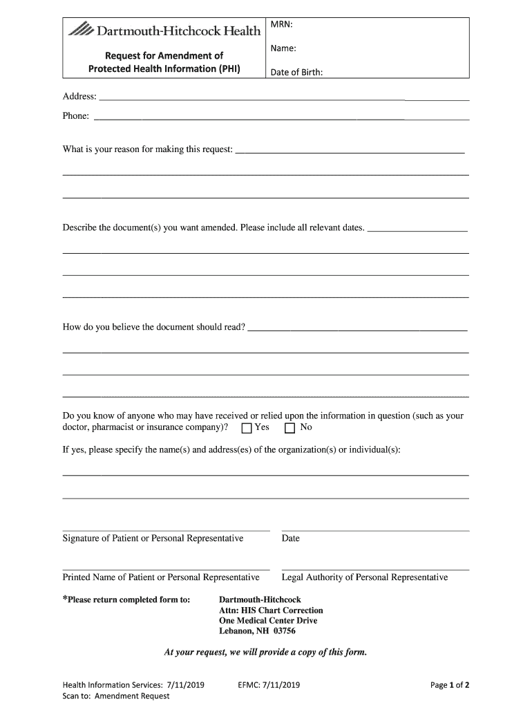 Fillable Online Request for Amendment in Medical Record - Partners ...