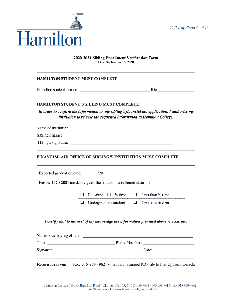 Fillable Online 2020-2021 Sibling Enrollment Verification Form Fax ...