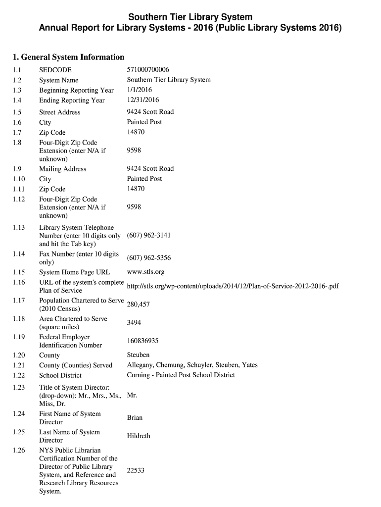 Fillable Online 2016 Library System Annual Report to New York State Fax ...