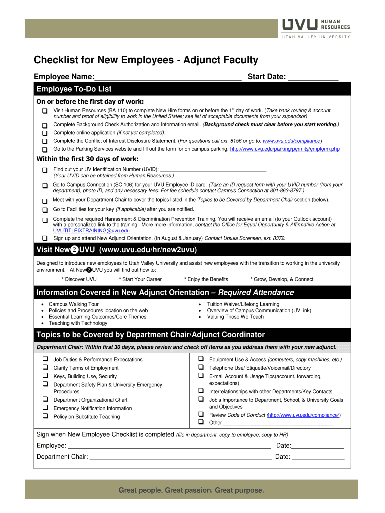 Fillable Online Checklist for New Employees Adjunct Faculty Fax Email ...
