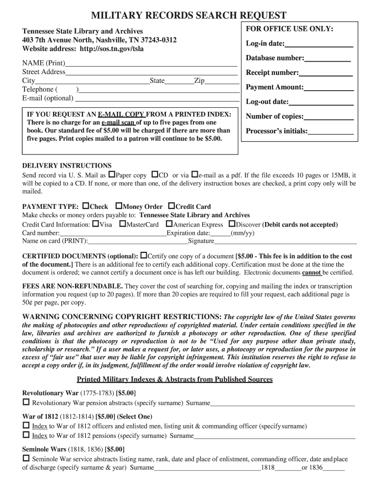 Fillable Online Form SS-2236 Military Records Search Request - Tennessee Fax Email Print - pdfFiller