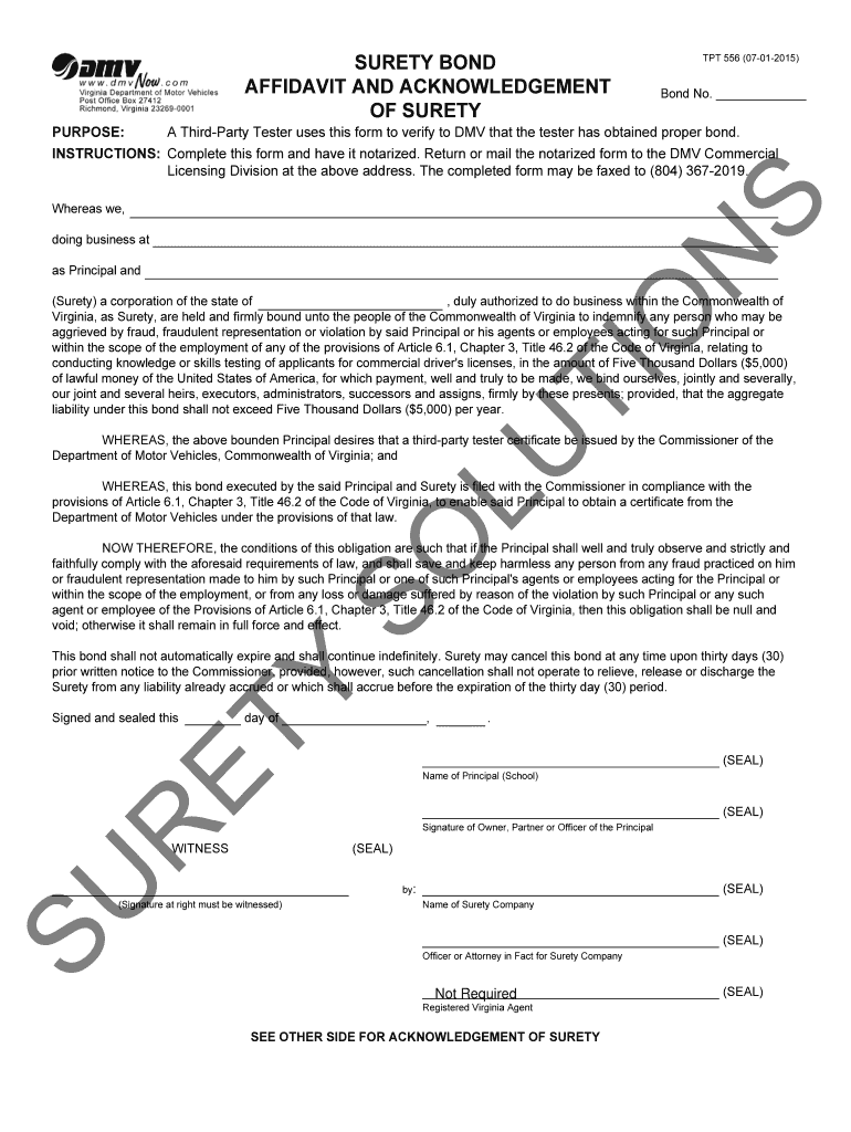 Fillable Online surety bond affidavit and acknowledgement of surety ...