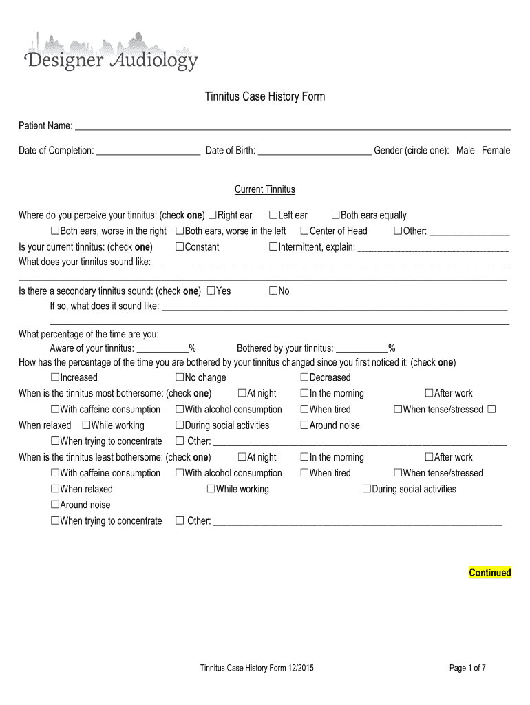Fillable Online tinnitus sample case history questionnaire - Tinnitus ...