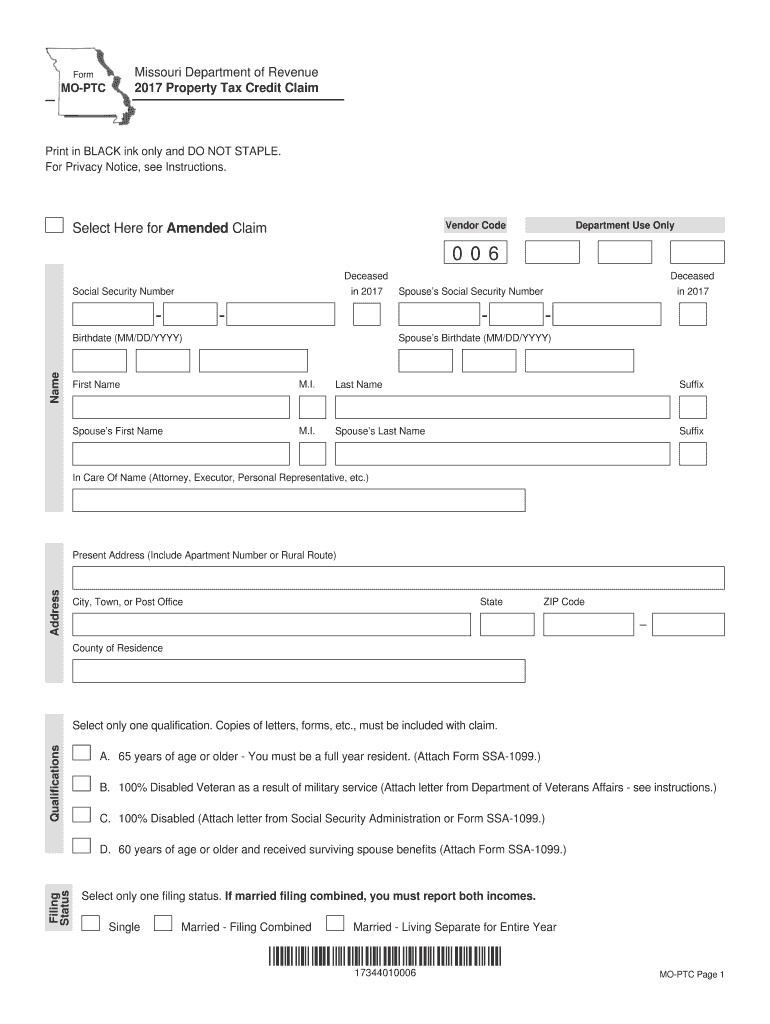 Fillable Online dor mo 2017 Property Tax Credit Claim (Form MO-PTC ...