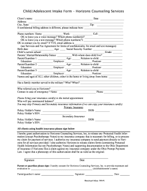 Fillable Online Child/Adolescent Intake Form - Horizons Counseling ...