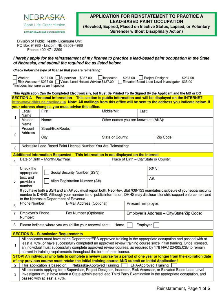 Fillable Online dhhs ne APPLICATION FOR REINSTATEMENT OF LICENSURE AS A LICENSED ... Fax Email ...