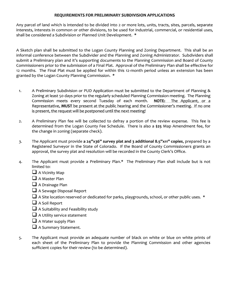 Fillable Online REQUIREMENTS FOR PRELIMINARY SUBDIVISION AND PUD ...