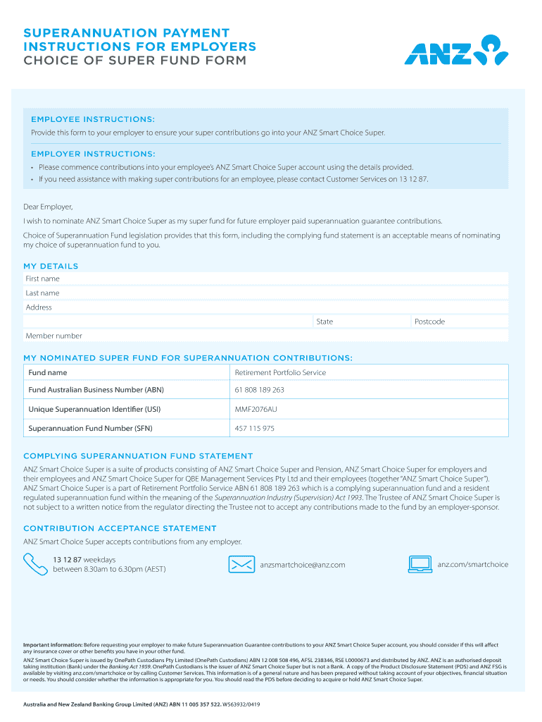 Fillable Online anz smart choice super for employers and their employees ... Fax Email Print ...
