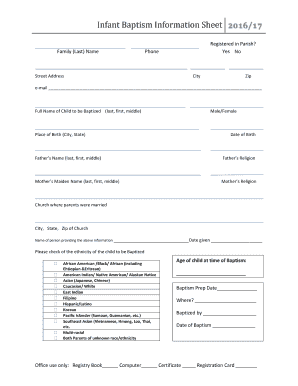 Fillable Online Infant Baptism Information Sheet 2016/17 Fax Email ...