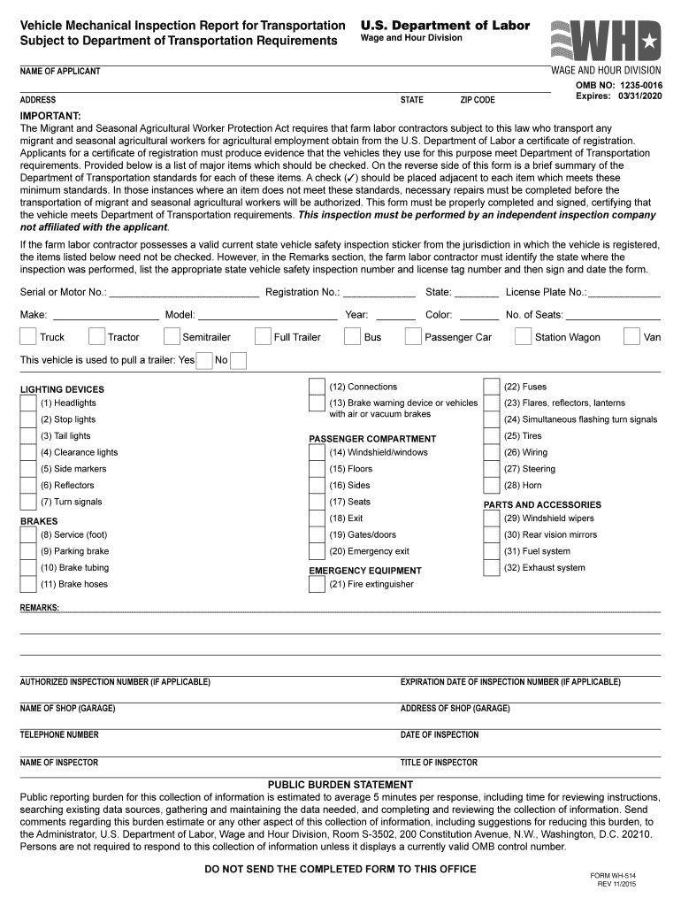 Fillable Online Vehicle Mechanical Inspection Report for Transportation ...