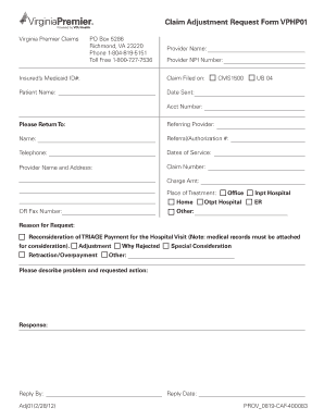 Fillable Online Fillable Online Claim Adjustment Request Form VPHP01 ...