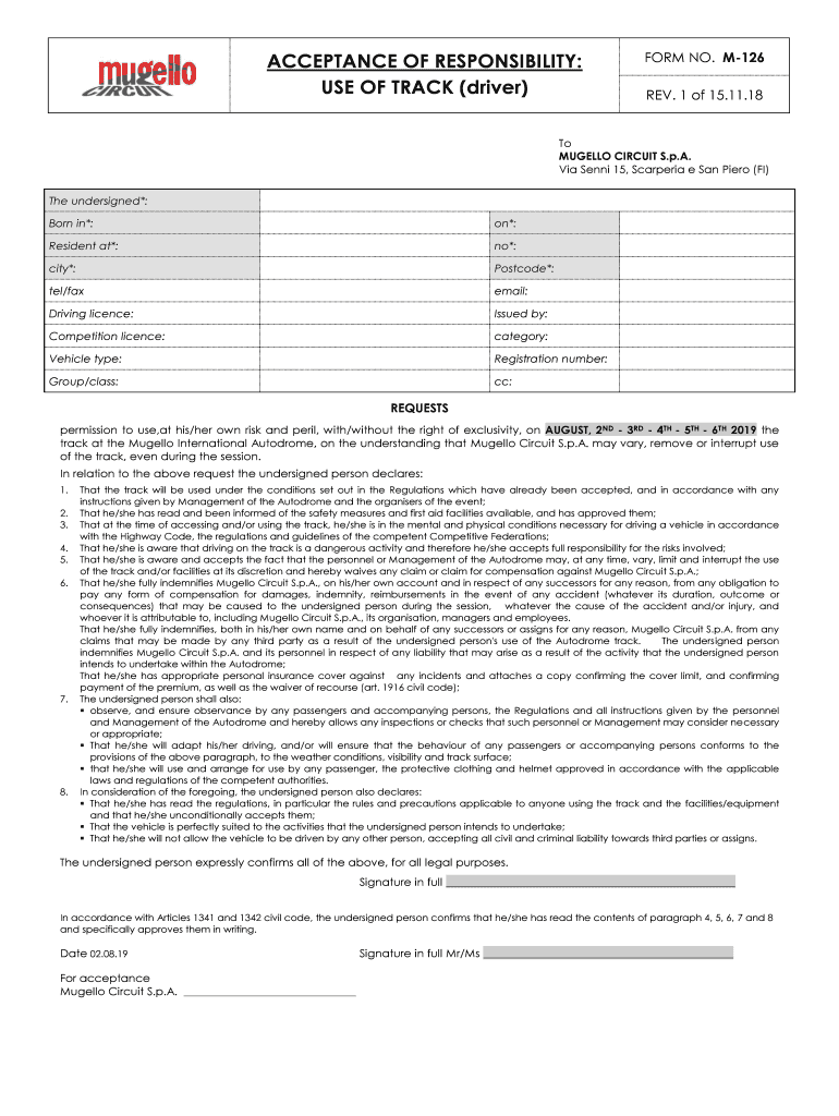 Fillable Online ACCEPTANCE OF RESPONSIBILITY: FORM NO. M-126 USE OF ...