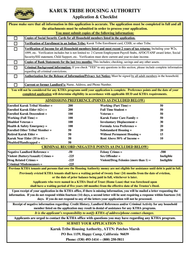 Fillable Online Karuk Tribe Housing Authority Application & Checklist ...