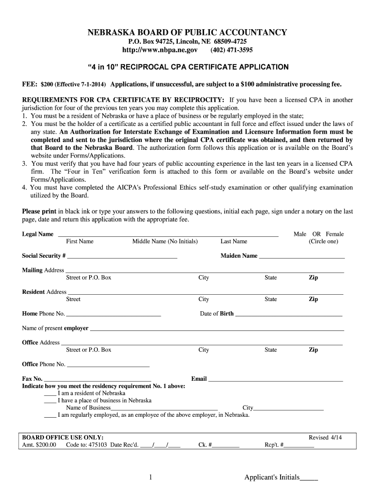 Fillable Online 4 in 10 RECIPROCAL CPA CERTIFICATE APPLICATION Fax ...