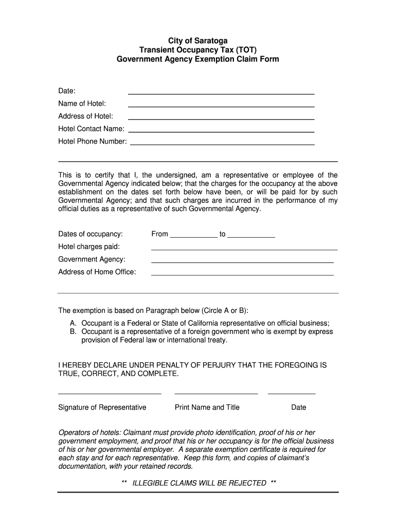 Fillable Online transient occupancy federal tax exemption form for any ...