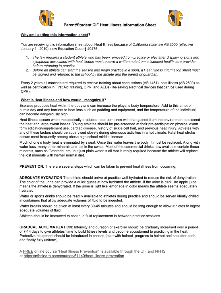 Fillable Online Parent/Student CIF Heat Illness Information Sheet Fax ...