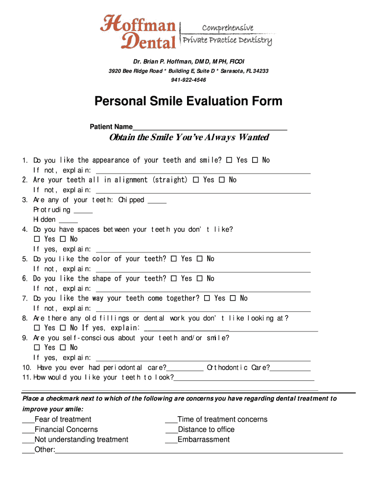 Fillable Online Fillable Online Personal Smile Evaluation Form ...