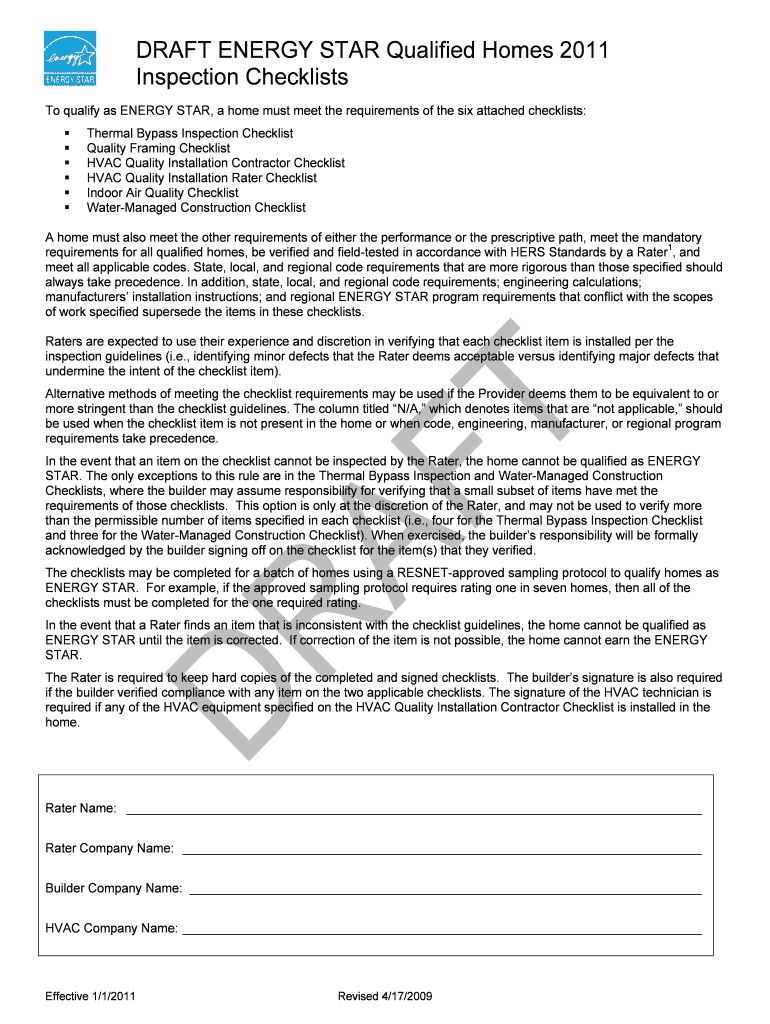 Fillable Online Inspection Checklists for National Program ... - Energy ...