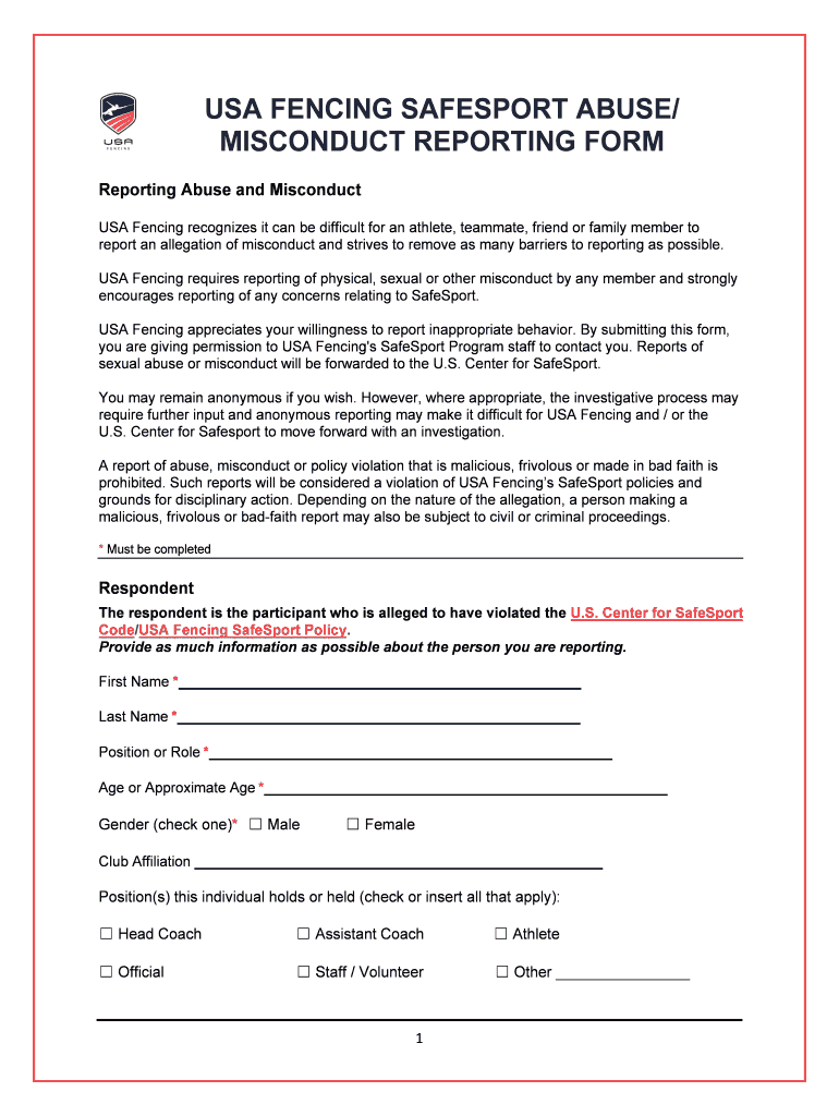 Fillable Online usa fencing safesport abuse/ misconduct reporting form ...