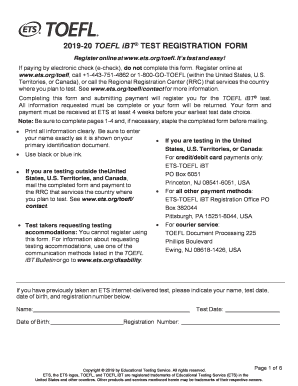 Fillable Online ETS TOEFL 2019-20 TOEFL iBT TEST REGISTRATION FORM. ETS ...