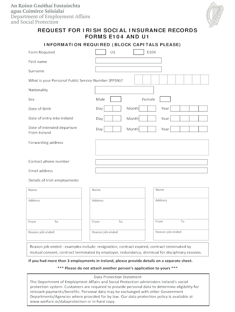 Fillable Online REQUEST FOR IRISH SOCIAL INSURANCE RECORDS FORMS E104 ...