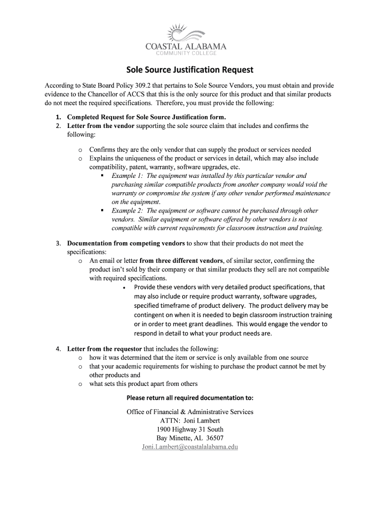 Fillable Online Sole Source Justification Request - Coastal Alabama ...