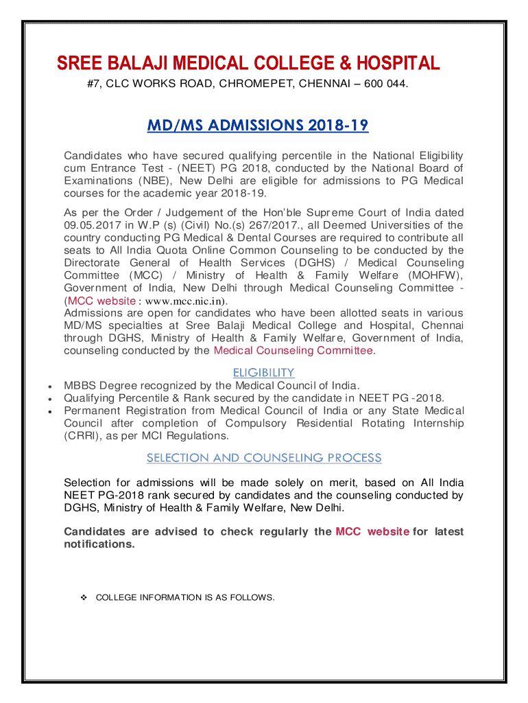 Fillable Online SREE BALAJI MEDICAL COLLEGE & HOSPITAL Fax Email Print - pdfFiller