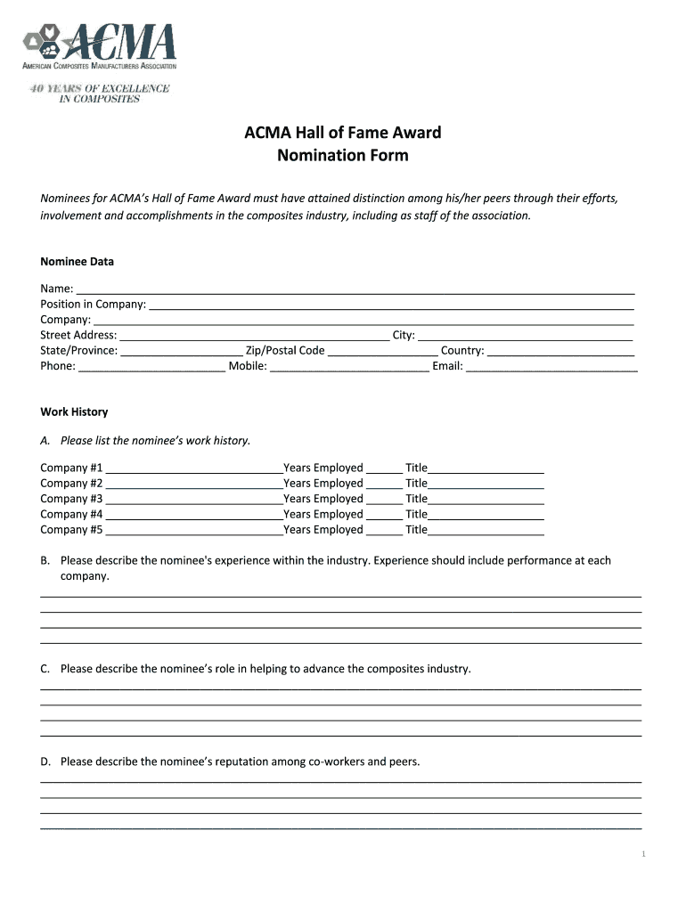 Fillable Online ACMA Hall of Fame Award Nomination Form Fax Email Print - pdfFiller