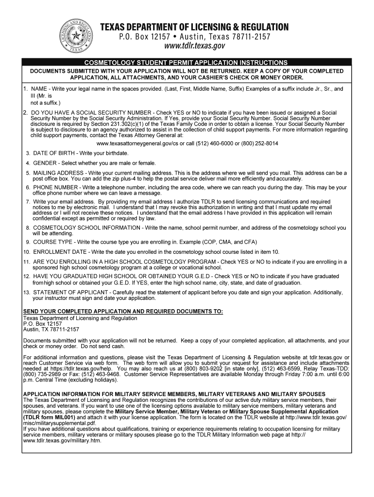 COSMETOLOGY STUDENT PERMIT APPLICATION INSTRUCTIONS: Fill out & sign ...
