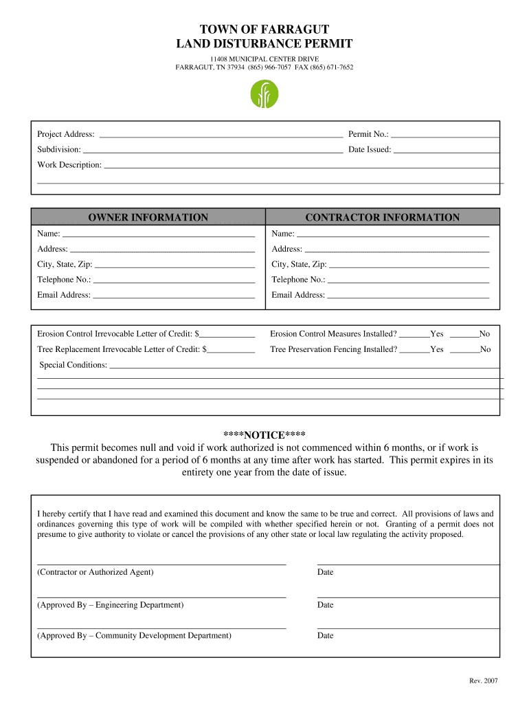 Fillable Online LAND DISTURBANCE PERMIT TOWN OF FARRAGUT Fax Email ...