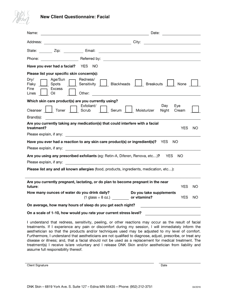 Fillable Online New Client Questionnaire: Facial Fax Email Print ...