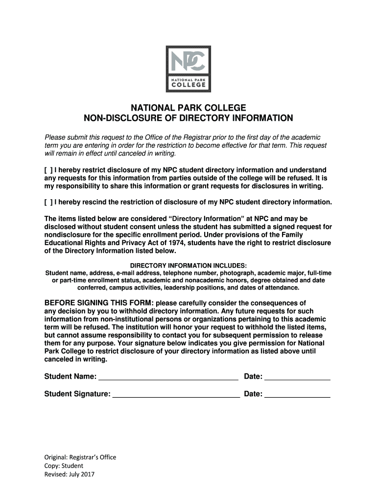 Fillable Online REQUEST FOR A NON-DISCLOSURE HOLD OF STUDENT DIRECTORY ...