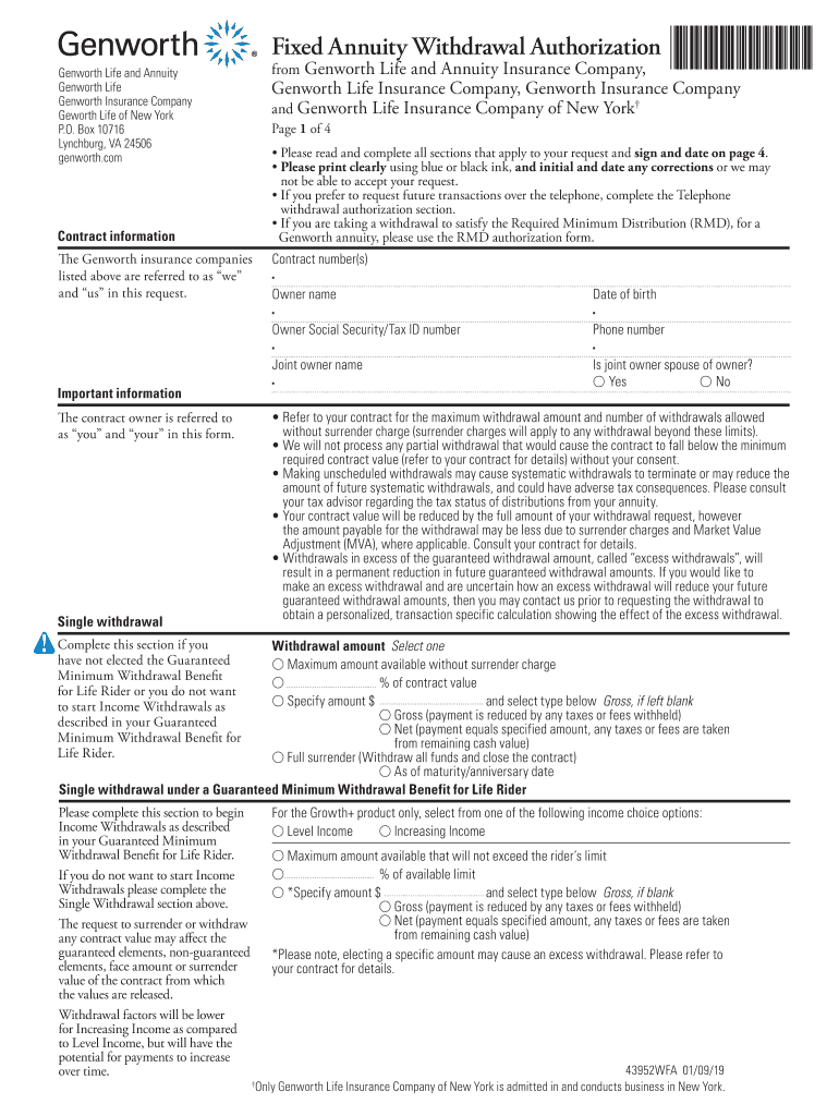 Fillable Online Fixed annuity withdrawal authorization - Genworth ...
