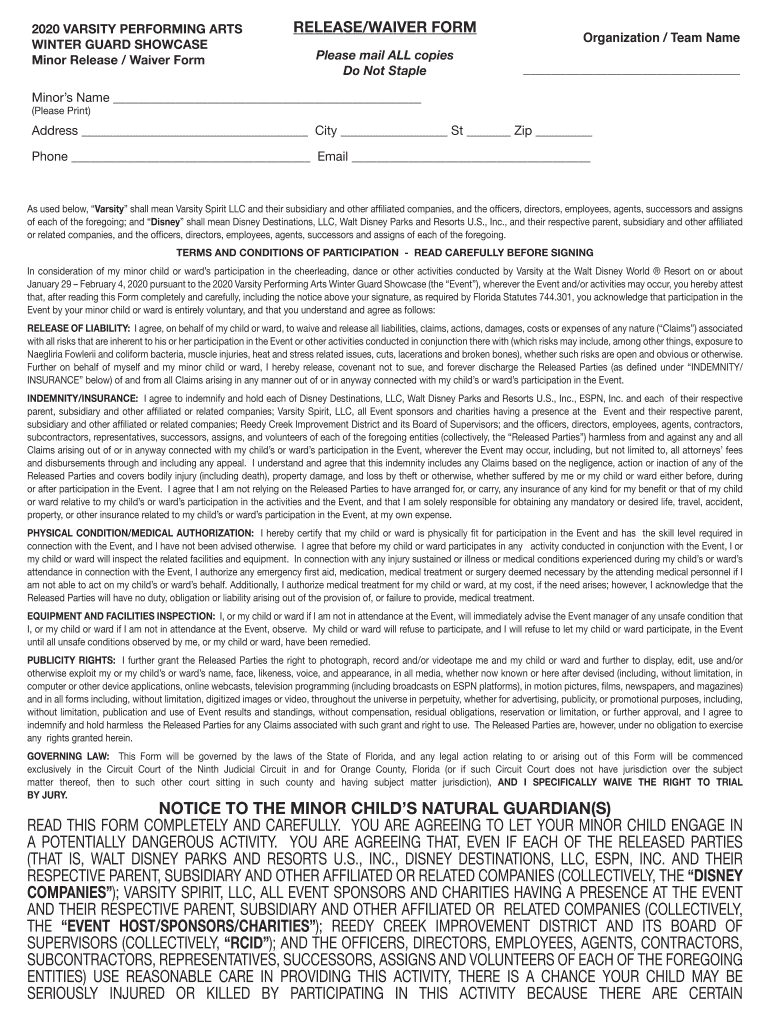 Fillable Online MINOR'S RELEASE AND WAIVER AND RELEASE OF LIABILITY ...