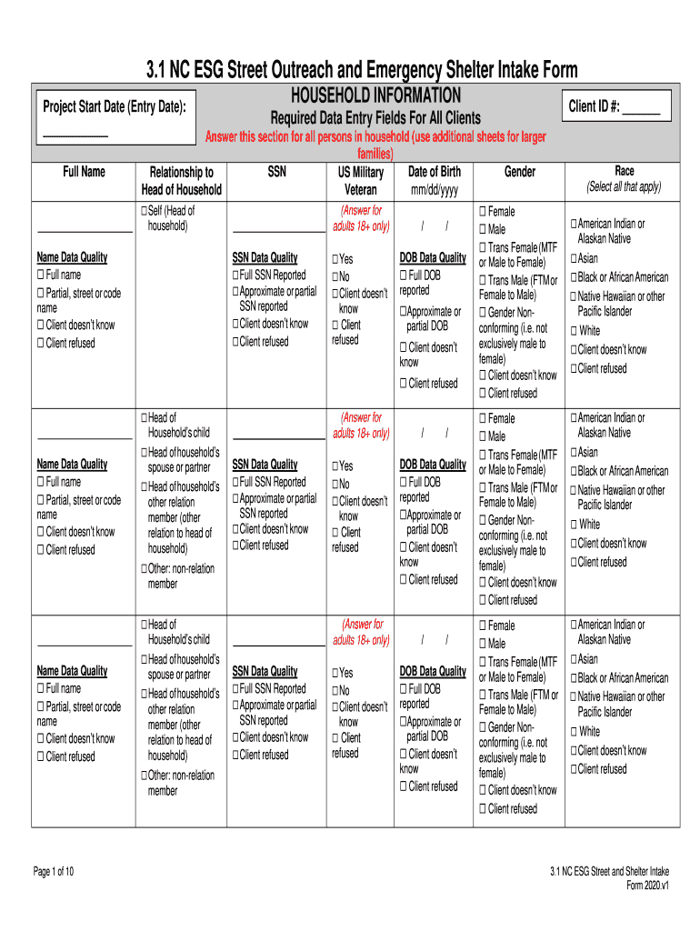 NC ESG Street Outreach and Emergency Shelter Intake Form - Fill Out ...
