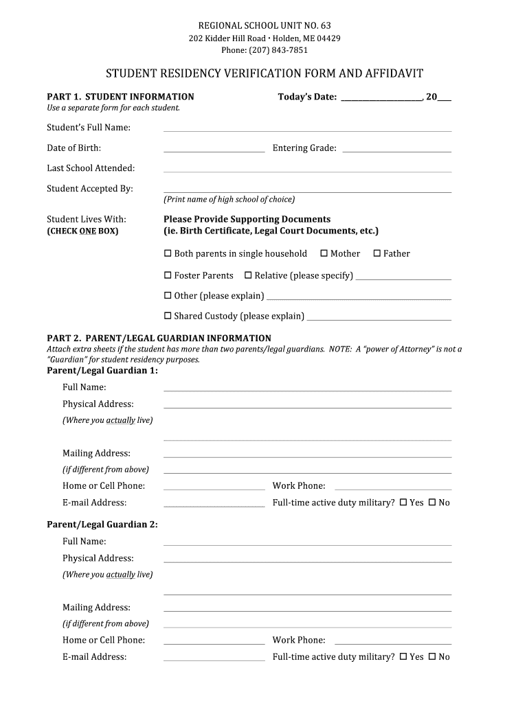 Fillable Online RSU 63 Student Residency Verification Form and ...