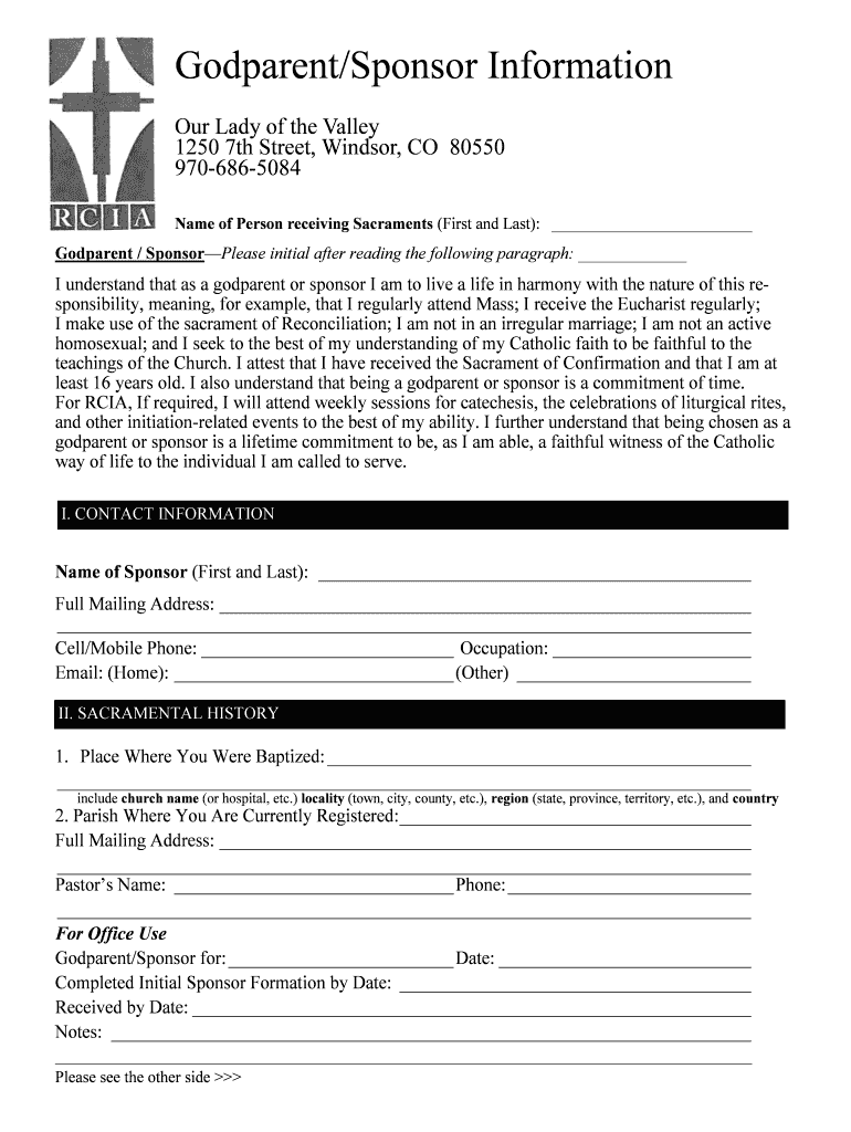 Fillable Online Godparent / Sponsor Affidavit - Our Lady of the Lake ...