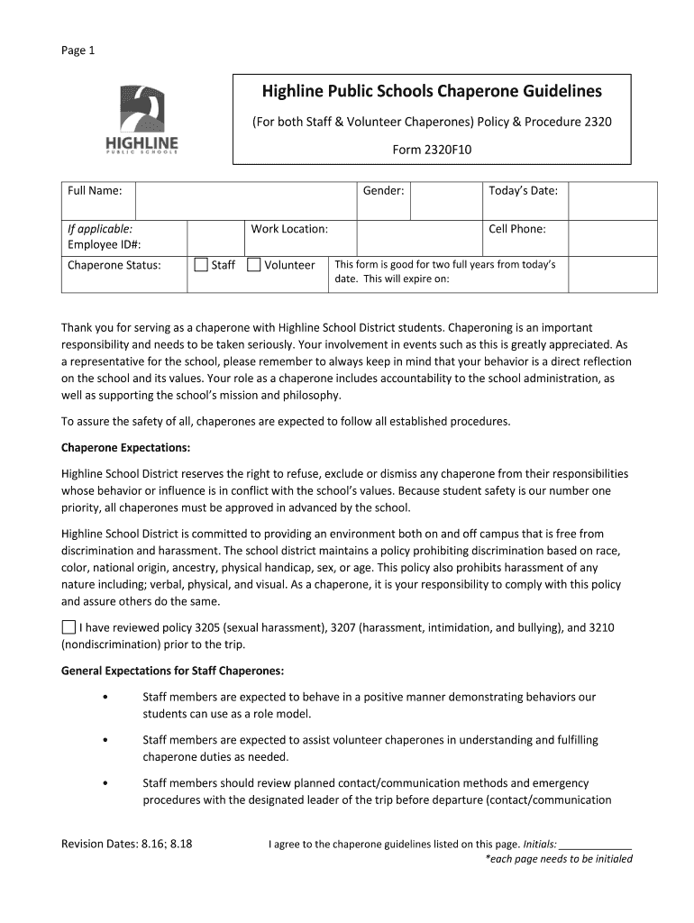 Fillable Online Highline Public Schools Chaperone Guidelines ...